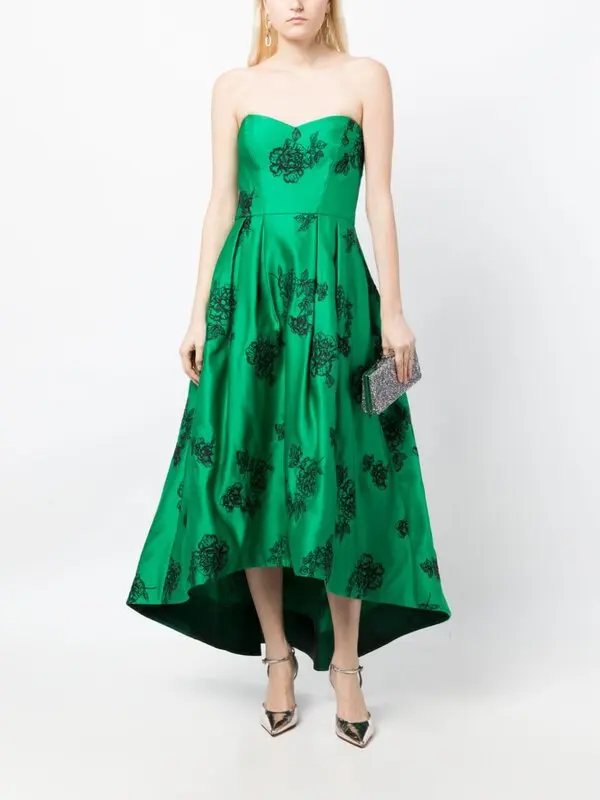 Marchesa Floral-embroidery Strapless Midi Dress - Green