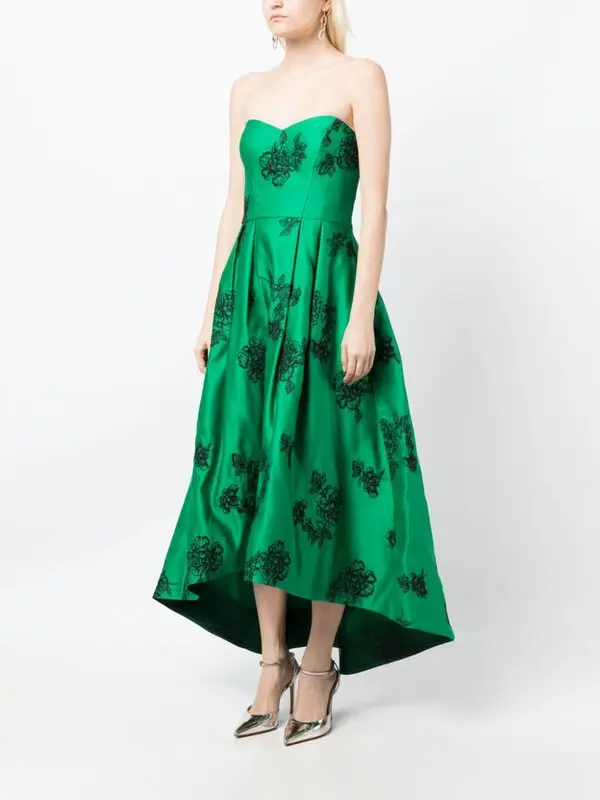 Marchesa Floral-embroidery Strapless Midi Dress - Green