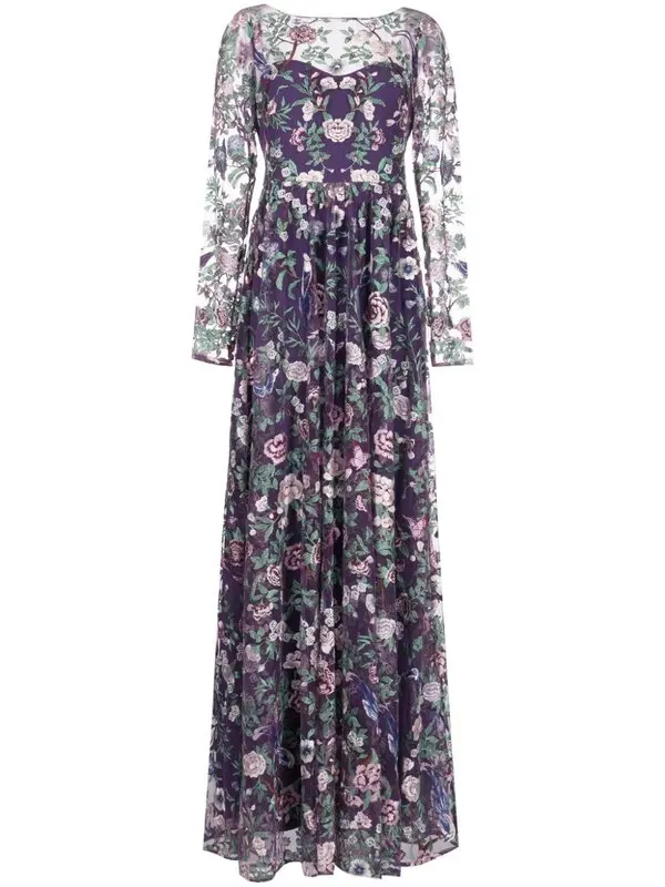 Marchesa Botanical Embroidery Sheer Overlay Gown
