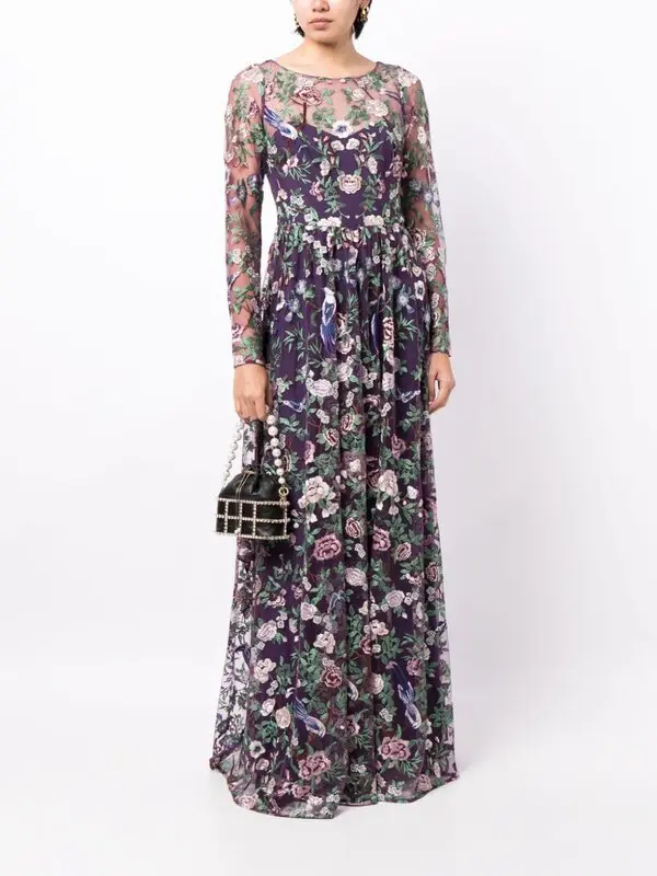 Marchesa Botanical Embroidery Sheer Overlay Gown