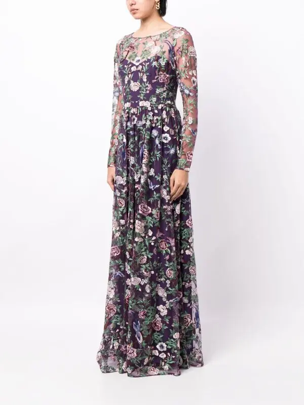 Marchesa Botanical Embroidery Sheer Overlay Gown