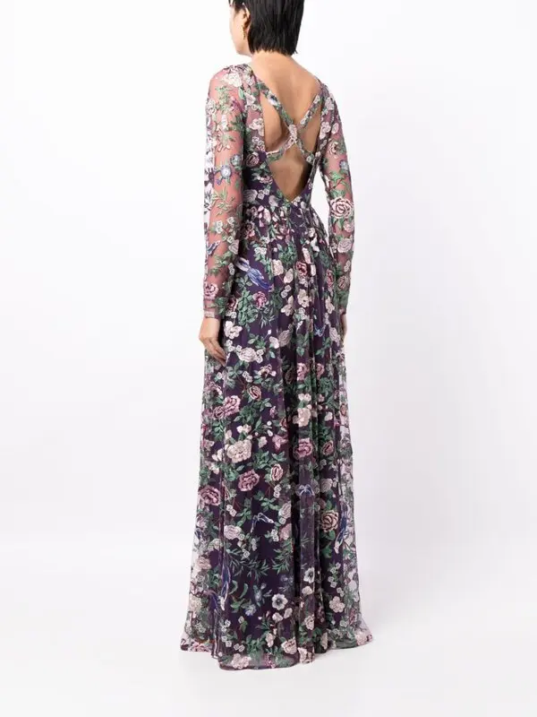 Marchesa Botanical Embroidery Sheer Overlay Gown