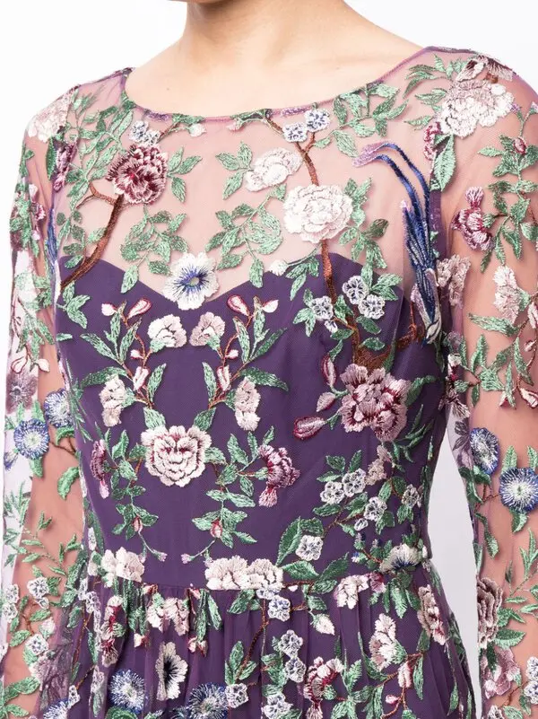Marchesa Botanical Embroidery Sheer Overlay Gown