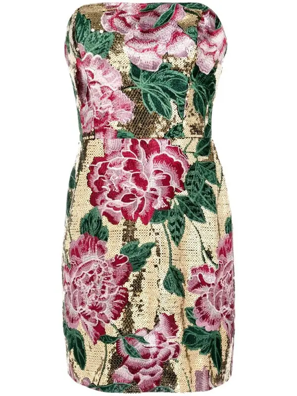 Marchesa Floral-embroidered Strapless Mini Dress