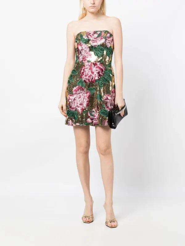Marchesa Floral-embroidered Strapless Mini Dress
