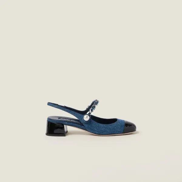 Miu Miu Denim And Patent Leather Slingback Pumps