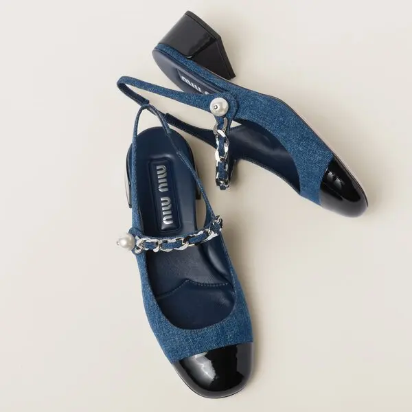 Miu Miu Denim And Patent Leather Slingback Pumps