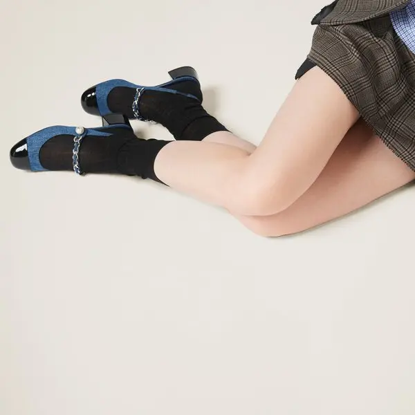 Miu Miu Denim And Patent Leather Slingback Pumps