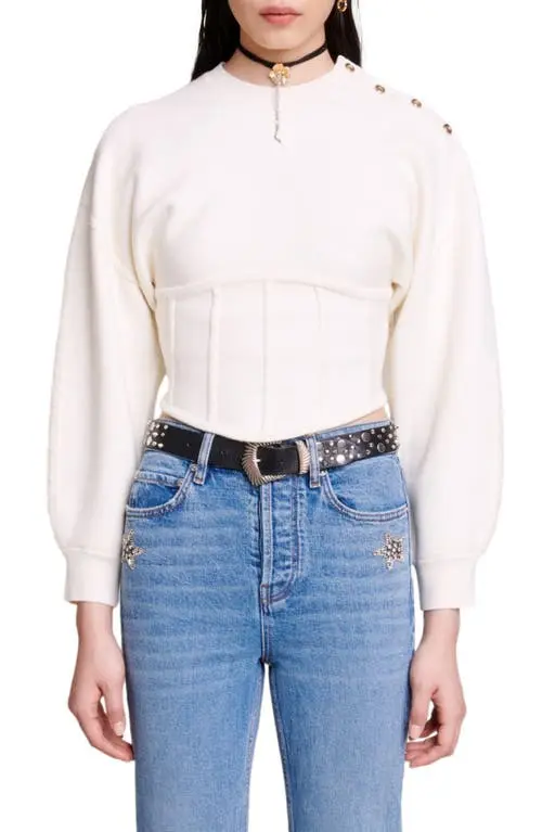Maje Crop Lantern Sleeve Sweater With Corset Detail - Ecru