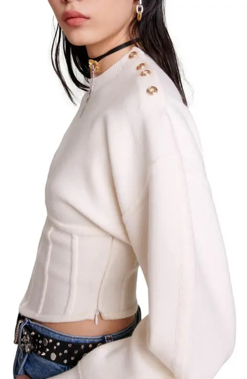 Maje Crop Lantern Sleeve Sweater With Corset Detail