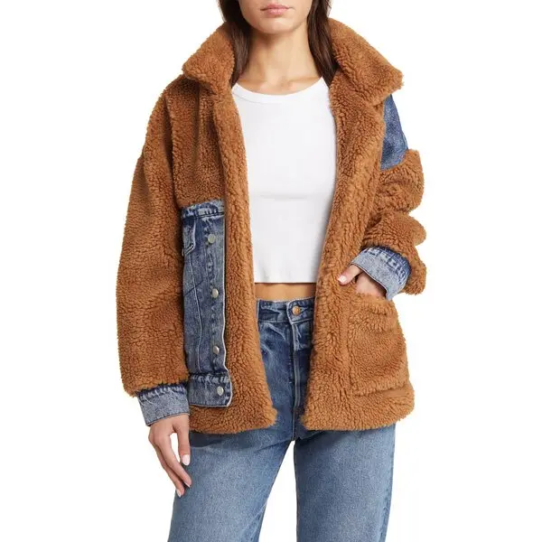 Blanknyc Denim Patchwork Faux Shearling Teddy Coat