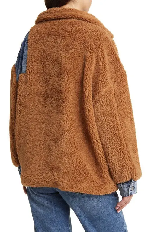 Blanknyc Denim Patchwork Faux Shearling Teddy Coat