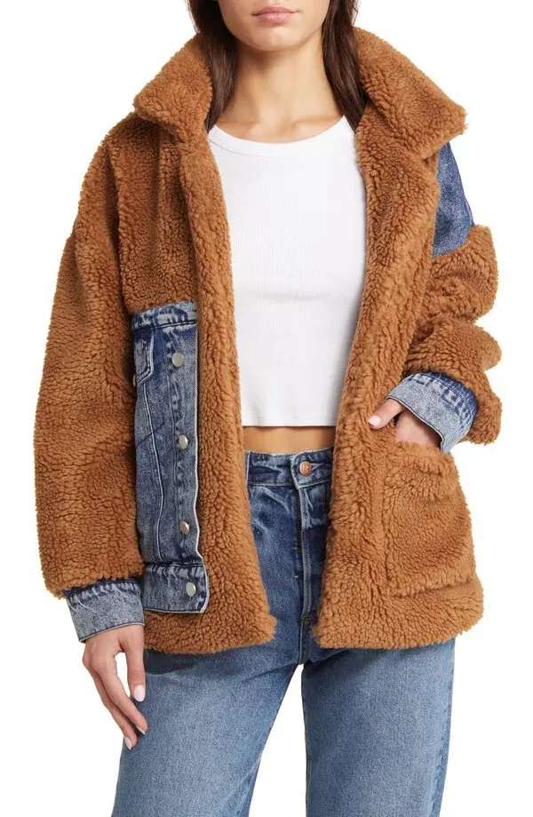 Blanknyc Denim Patchwork Faux Shearling Teddy Coat