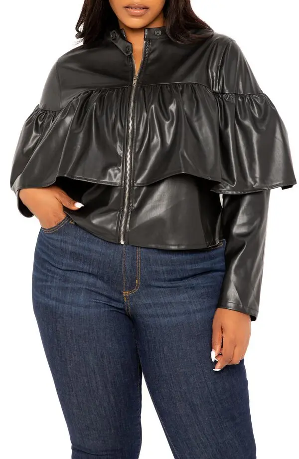 BUXOM COUTURE Ruffle Faux Leather Jacket