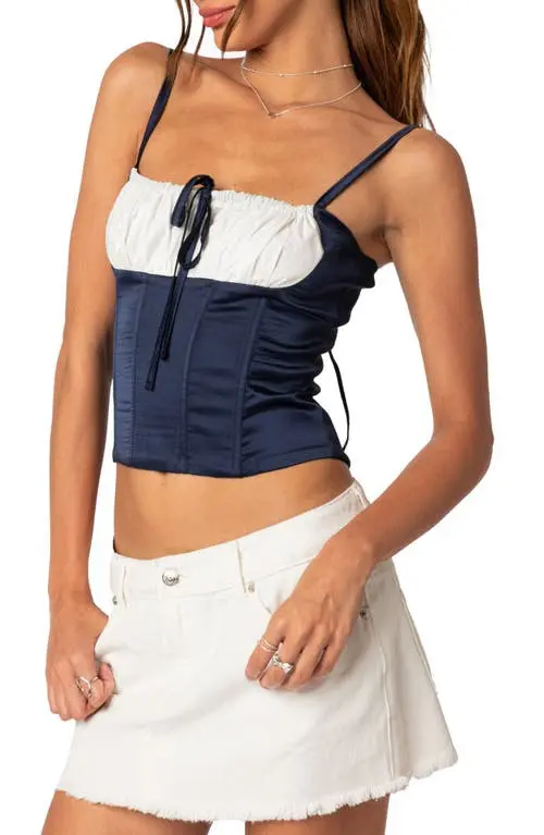 EDIKTED Arabelle Colorblock Satin Corset Top - Navy