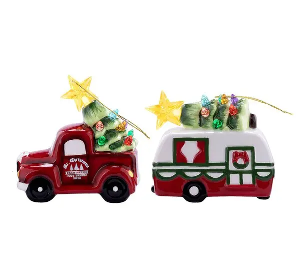 MR. CHRISTMAS 4.5' Set Of 2 Ceramic Retro Vehic E Ornaments - One-color