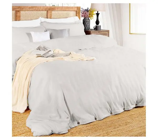 SUPERIOR Cotton Linen Blend Solid 3-piece Duvet Cover Set, Kc - One-color