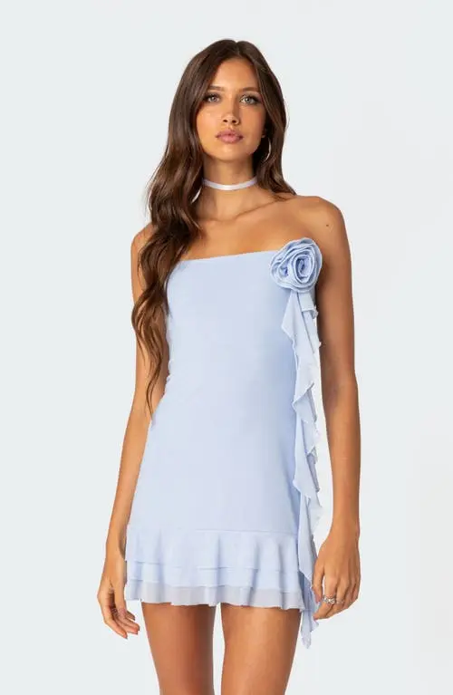 EDIKTED Strapless Mini Dress With Removable Rosette Ruffle - Blue