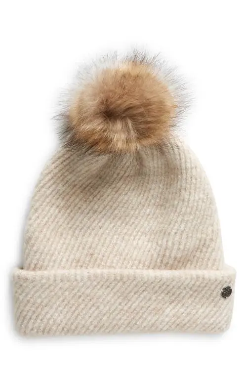 Zella Cozy Heather Beanie With Faux Fur Pompom - Ivory Egret