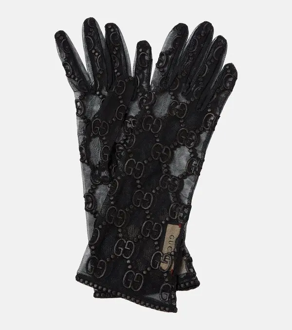 Gucci Gg Embroidered Tulle Gloves - Black | Editorialist