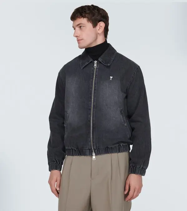 Ami Paris De Coeur Denim Bomber Jacket In Black - 30% Off