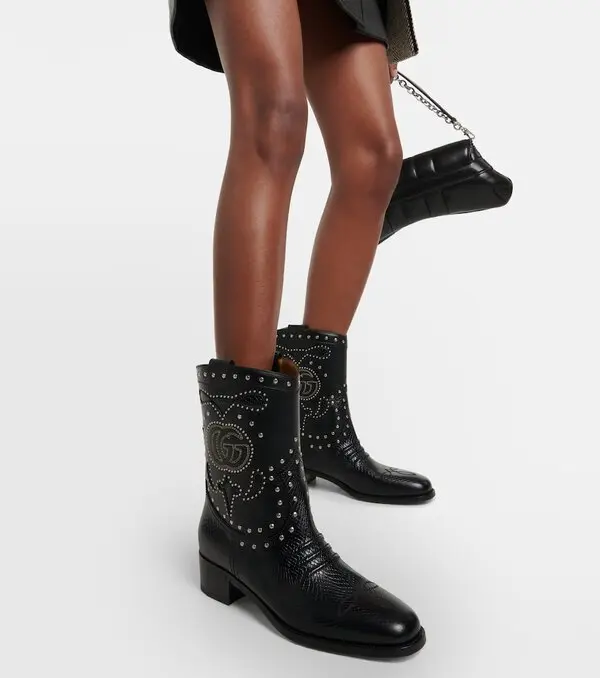 Gucci Double G Studded Leather Cowboy Boots - Black  display picture 1