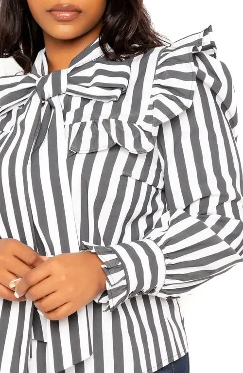 BUXOM COUTURE Stripe Ruffle Bow Neck Shirt