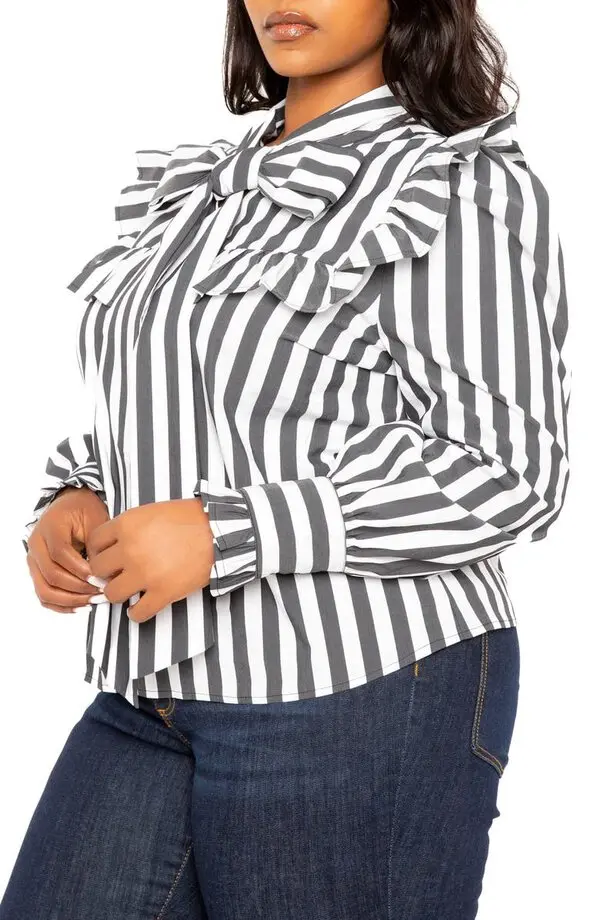 BUXOM COUTURE Stripe Ruffle Bow Neck Shirt