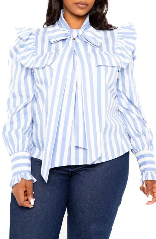BUXOM COUTURE Stripe Ruffle Bow Neck Shirt - Blue