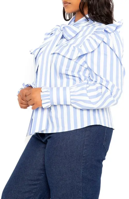 BUXOM COUTURE Stripe Ruffle Bow Neck Shirt - Blue