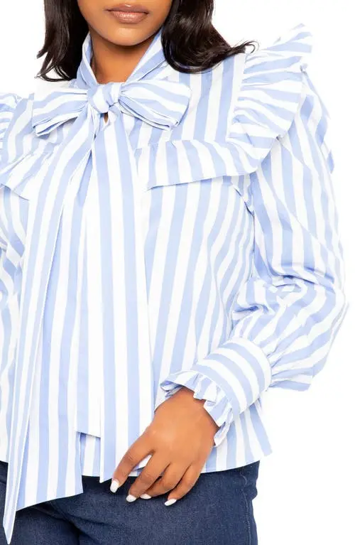 BUXOM COUTURE Stripe Ruffle Bow Neck Shirt - Blue
