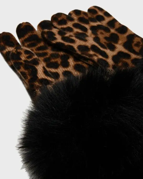 Sofia Cashmere Leopard Print Gloves With Faux Fur Cuffs