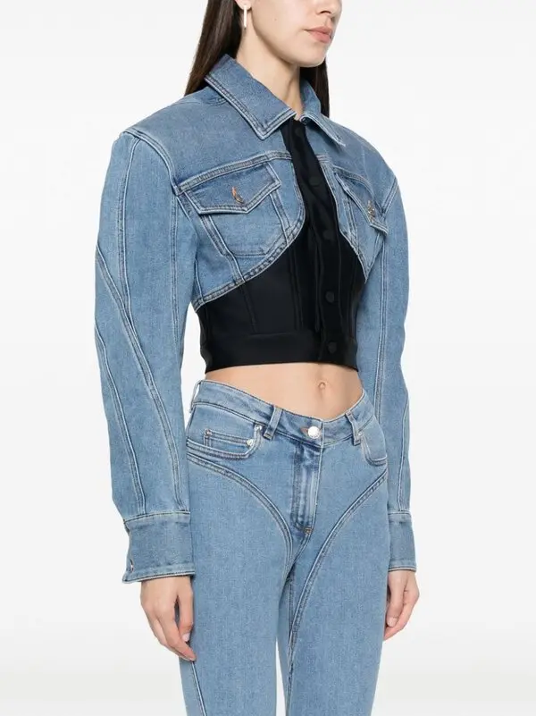 MUGLER Cropped Denim Jacket - Blue