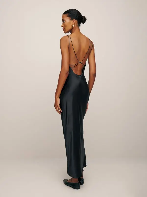 slim fit dress slacks Reformation Sky Ivory Silk Slip Sleeveless Satin Maxi Dress – The Closet  New York
