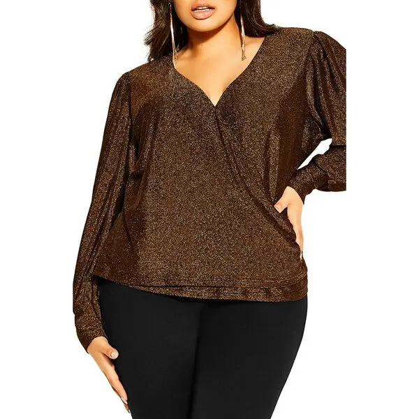 City Chic Shimmer Knit Faux Wrap Top