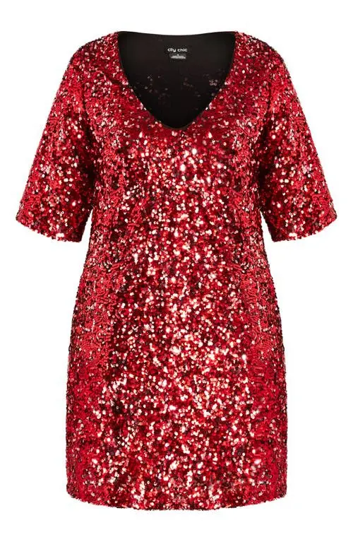 City Chic Sequin Cocktail Dress - Crimson