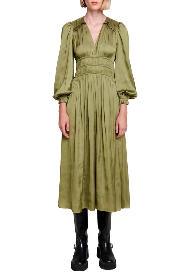 Maje Long Sleeve Ruffle Satin Midi Dress - Khaki | Editorialist