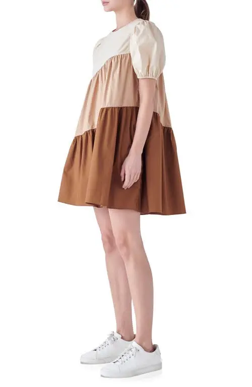 English Factory Colorblock Puff Sleeve Shift Mini Dress
