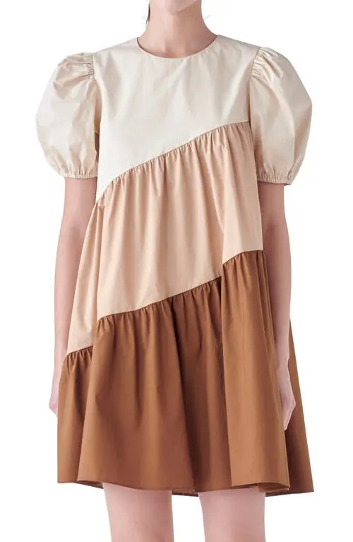 English Factory Colorblock Puff Sleeve Shift Mini Dress