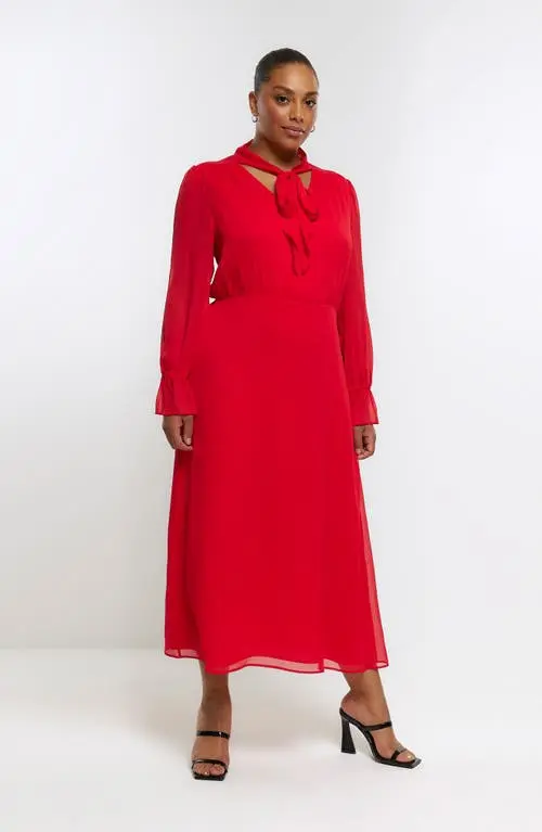 river island chiffon dress River Island Pussybow Long Sleeve Chiffon Midi Dress In Red - 60% Off