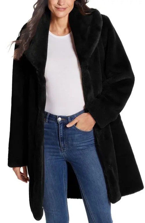 Gallery Faux Fur Coat With Shawl Collar - Black