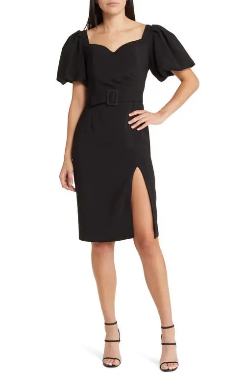 NIKKI LUND Bonnie Puff Sleeve Belted Sheath Dress