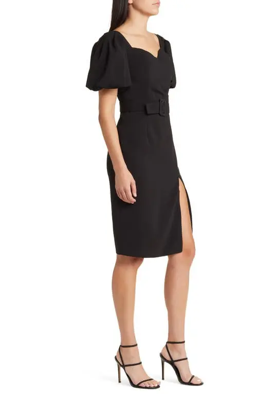 NIKKI LUND Bonnie Puff Sleeve Belted Sheath Dress