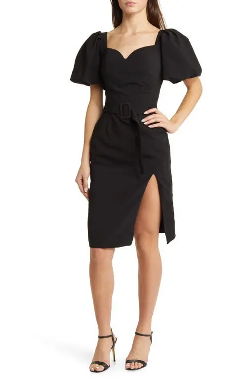 NIKKI LUND Bonnie Puff Sleeve Belted Sheath Dress