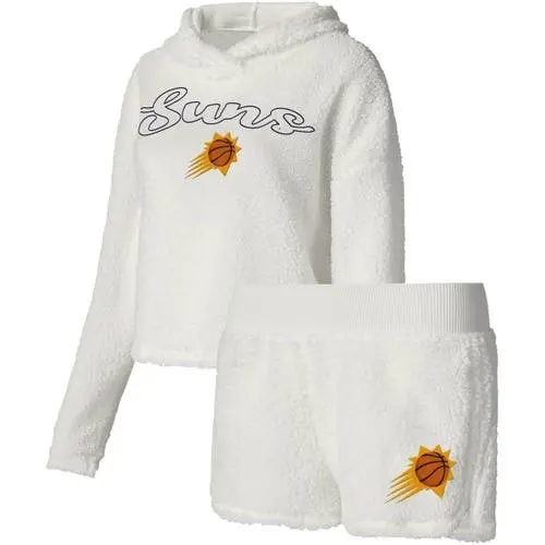 COLLEGE CONCEPTS Phoenix Suns Fluffy Long Sleeve Hoodie T-shirt & Shorts Sleep Set - Cream