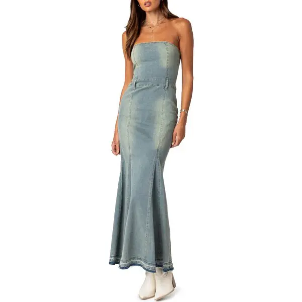 EDIKTED Astoria Strapless Denim Maxi Dress - Blue-washed