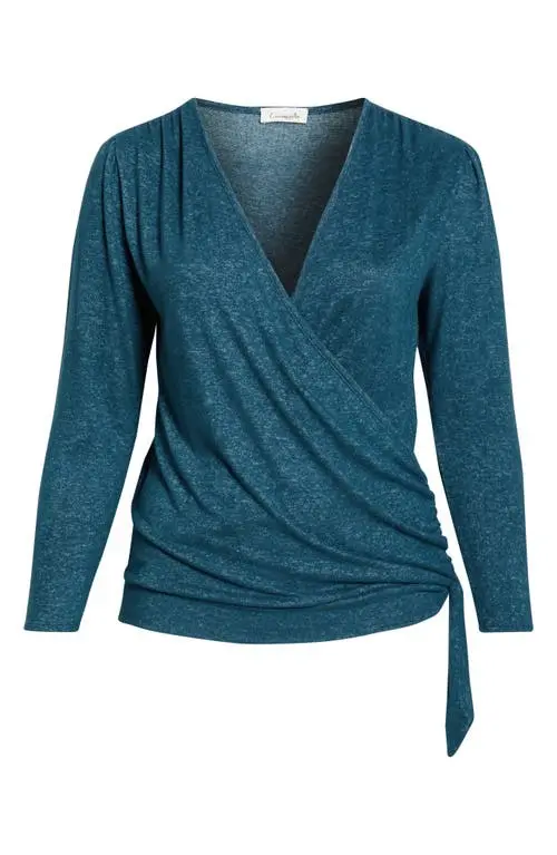 Loveappella Wrap Front Side Tie Knit Top - Teal