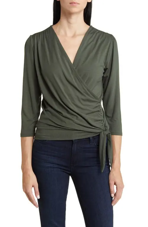 Loveappella Faux-wrap Knit Top - Olive