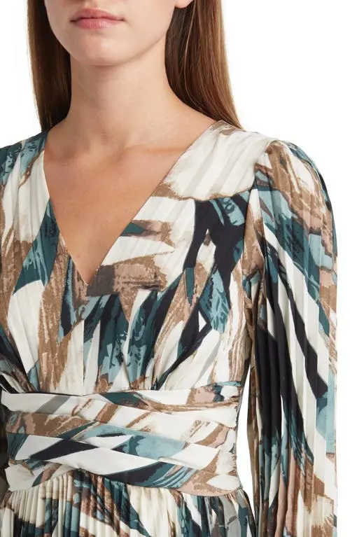 QUINCY MAE Pleated Long Sleeve Satin Midi Dress