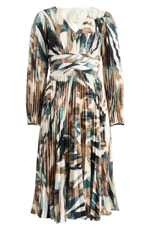 QUINCY MAE Pleated Long Sleeve Satin Midi Dress